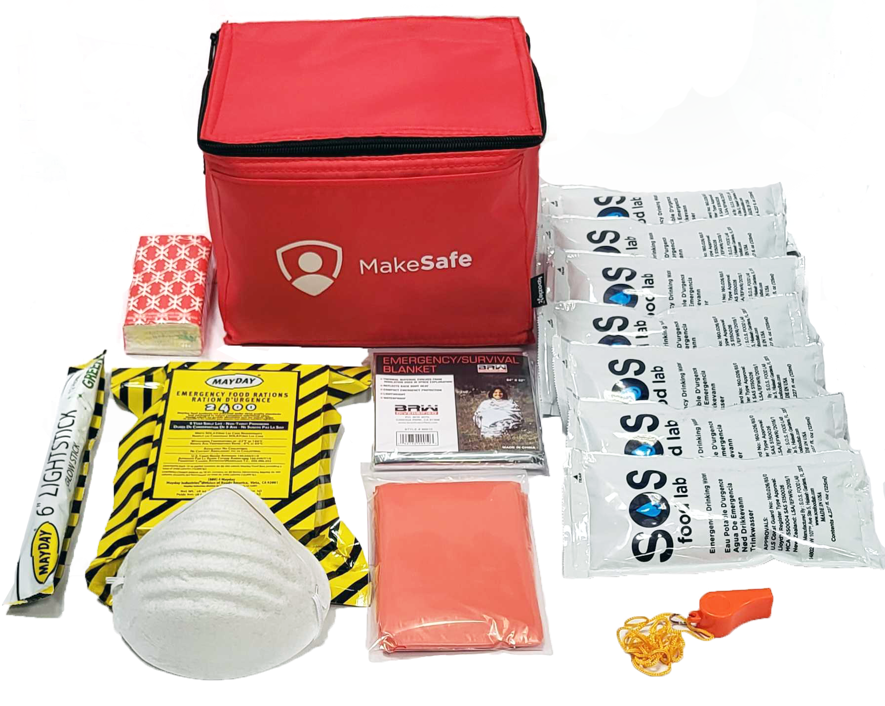 Half day "get home" safety kit for use in vehicles, college, and the o ...